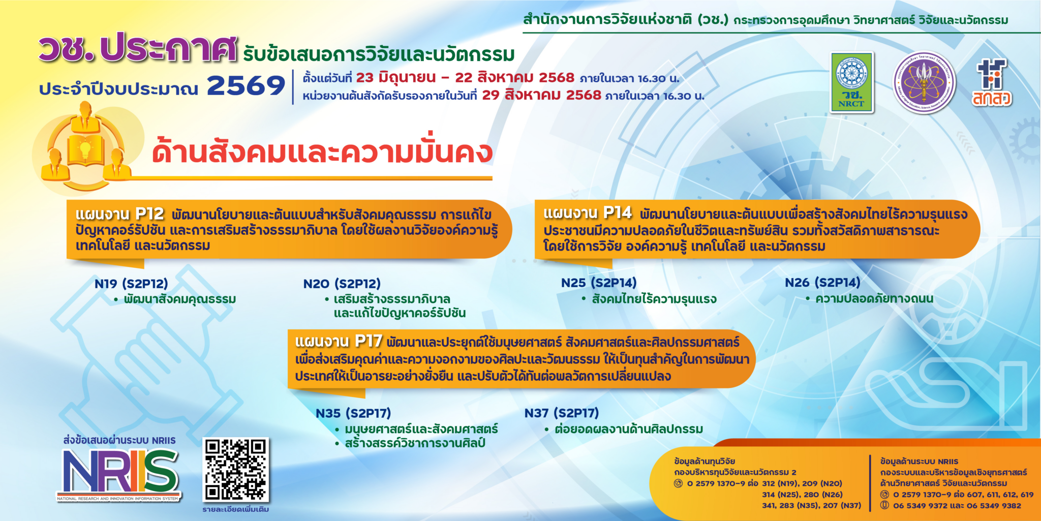 ประกาศสำนักงานการวิจัยแห่งชาติ เรื่อง การเปิดรับข้อเสนอการวิจัยและนวัตกรรม ประจำปีงบประมาณ 2569 ...